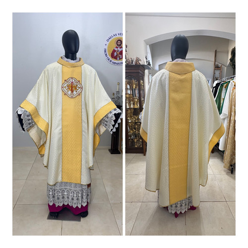 White Gold Collared Monastic Chasuble + Stole ( JHS ) | Dallas Vestments