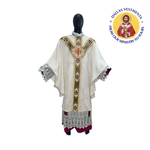 White Semi-Gothic Chasuble set with JHS ( Victoria) | Dallas Vestments
