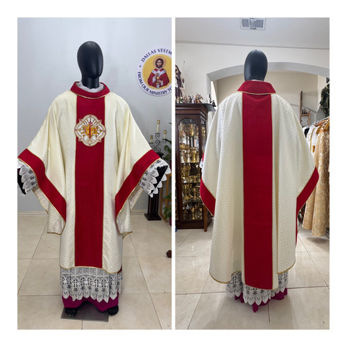 White Gold Collared Monastic Chasuble + Stole ( JHS ) | Dallas Vestments