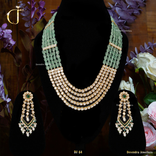 Polki five line haar with green stones | Devendra Jewellers