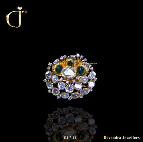 Polki Ring with Diamonds & Emeralds | Devendra Jewellers