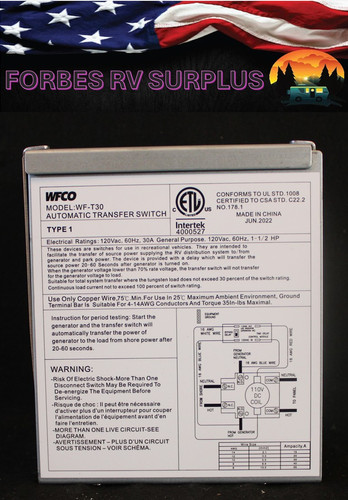 WFCO WF-T30 Automatic Transfer Switch Intertek 4000527 | Forbes RV Surplus
