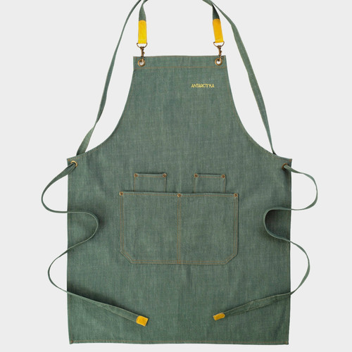 Green Denim Apron with mango leather patches | ANTARCTI^KA