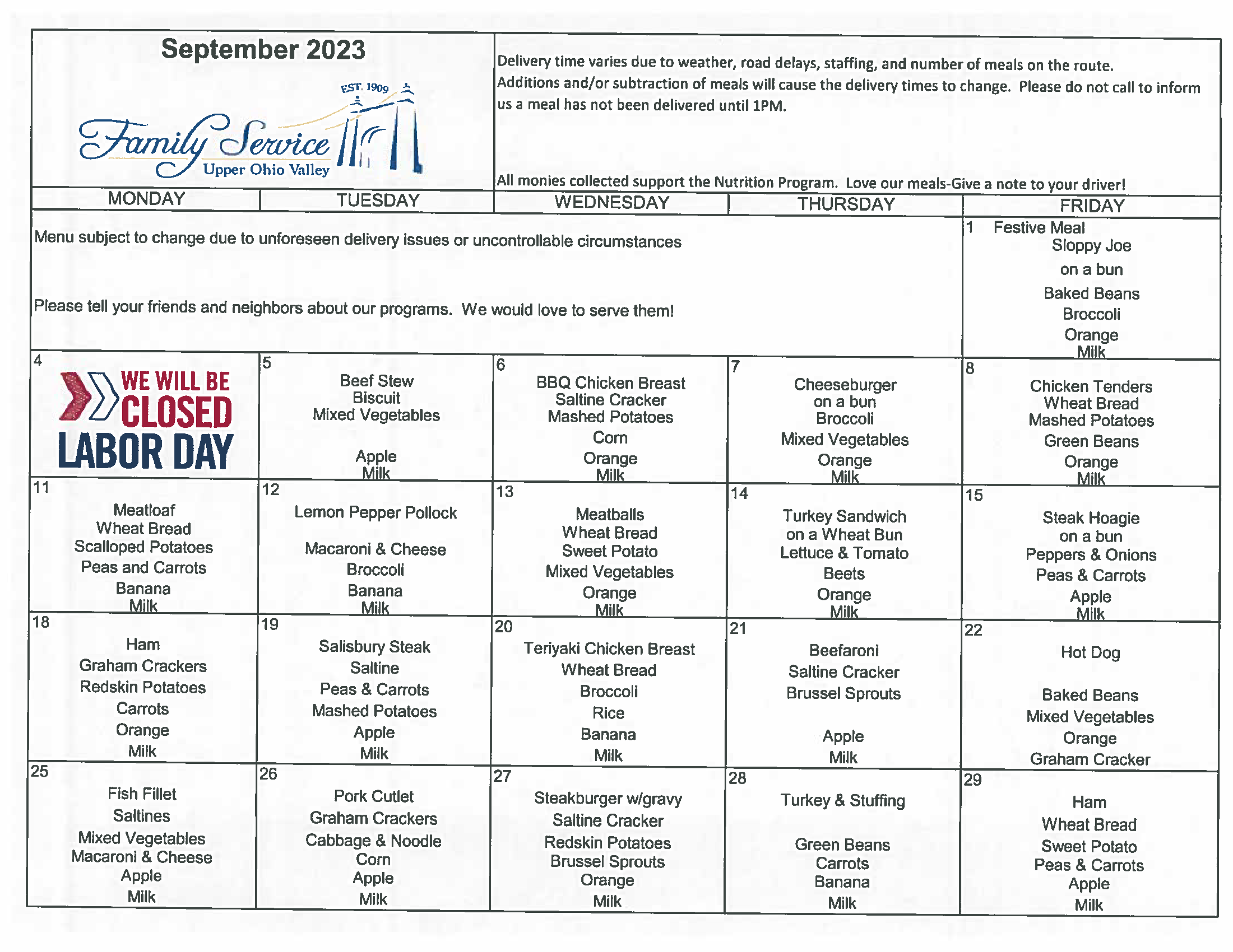 Monthly Menu | FSUOV