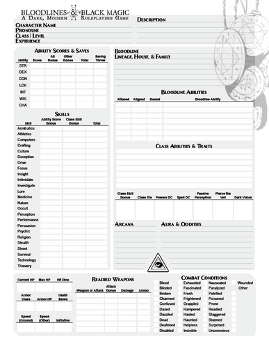 Bloodlines & Black Magic Character Sheet | stormbunnystudios
