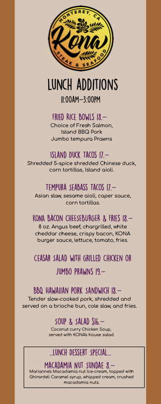 Kona Menus | Kona Monterey