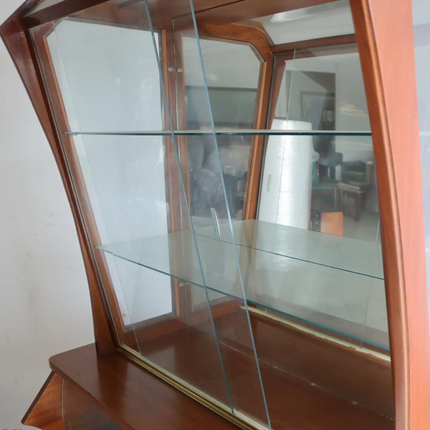 Mid-Century sapele curved glass display cabinet with solid brass feet ...
