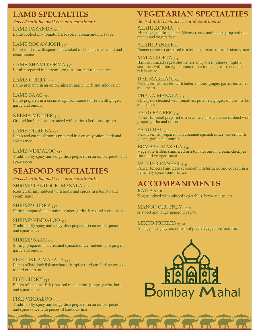 Menu | Bombay Mahal | Brunswick, Maine | Indian Restaurant