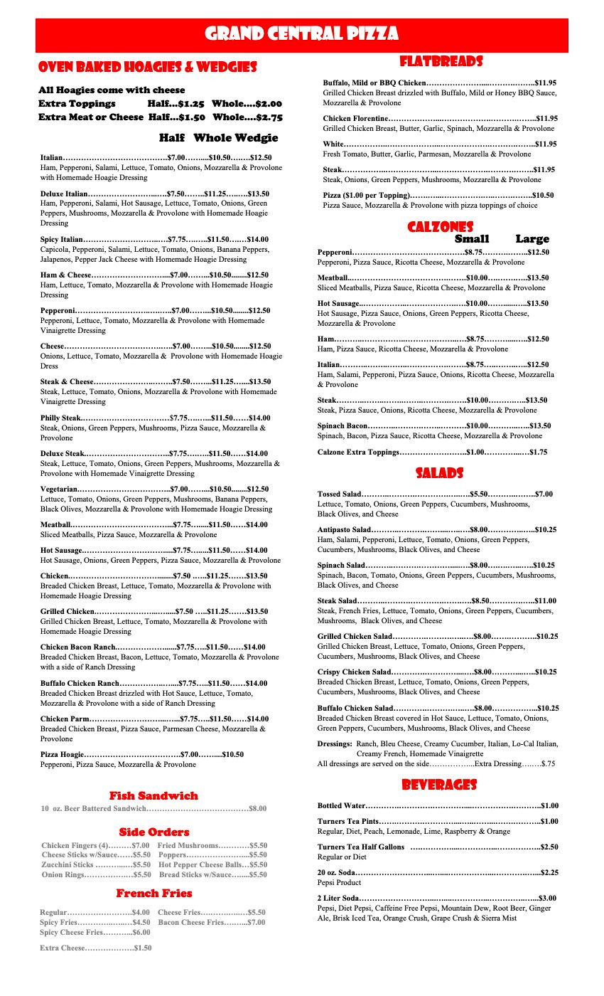 Menu | Grand Central Pizza