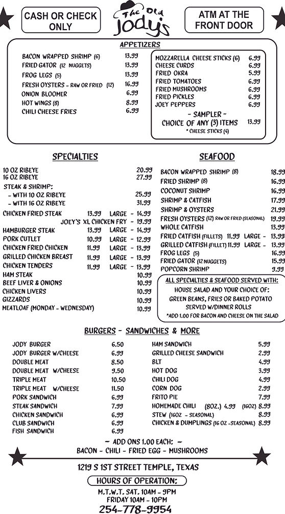Menu | The Old Jody's | Temple