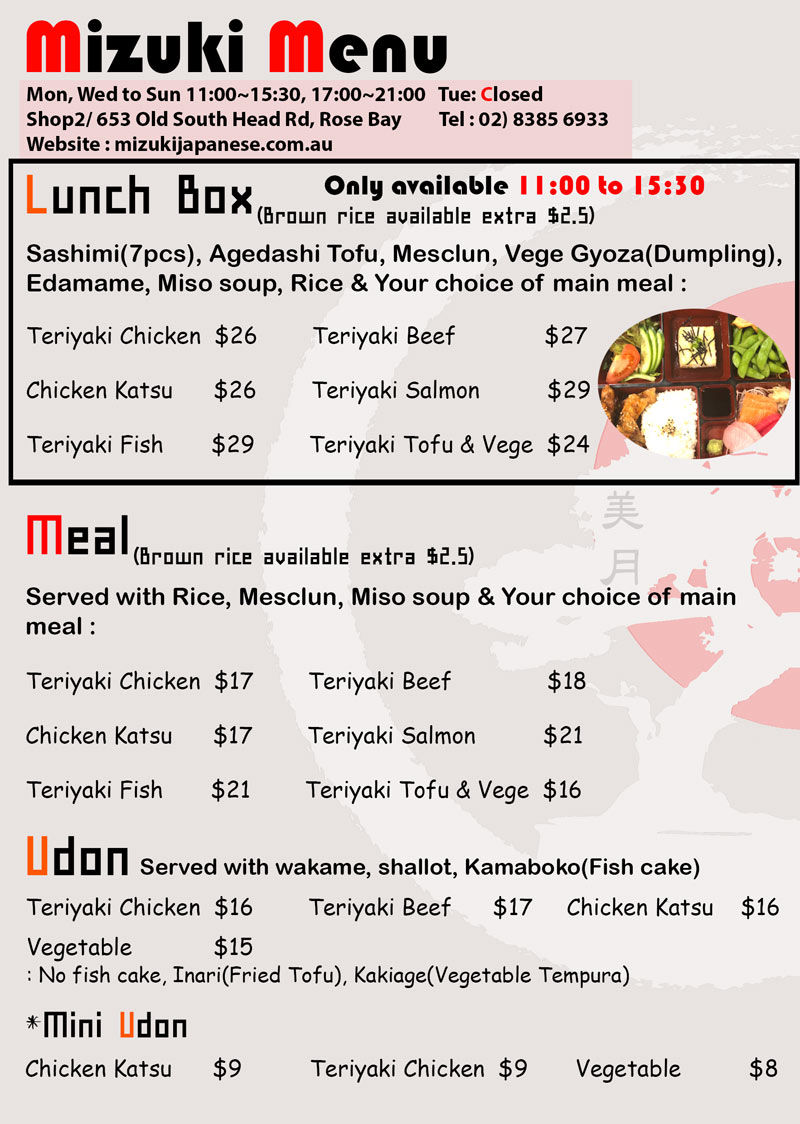 MENU | Mizuki Japanese Restaurant at Rose Bay