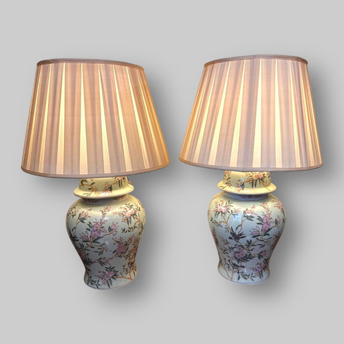 Pair of India Jane Chinoiserie Table Lamps with Silk Shades | EvesandSamuel