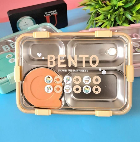 Sweet treats Bento 4-grid Lunch Box with steel spoon, fork & bowl ...