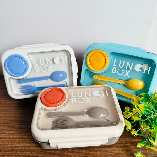 3 grid stainless Steel Lunch Box with extra container, spoon & fork ...
