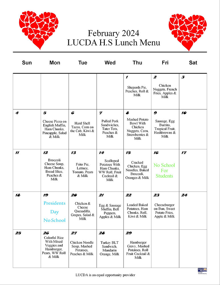 Evanston February 2024 Lunch Menu