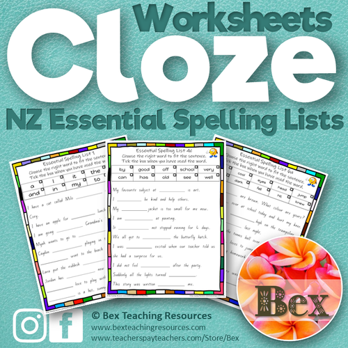 Cloze Worksheets - NZ Essential Spelling Lists | BexTeachingResources