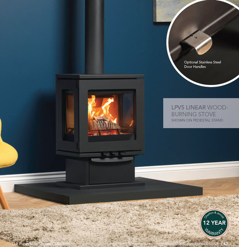 Purevision LPV5 Linear wood only stove on pedestal | South West Stoves