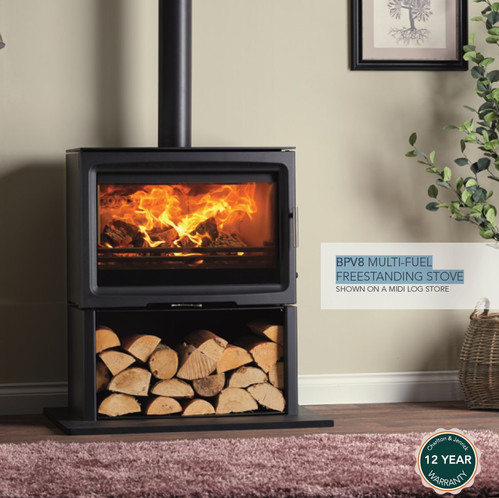 Purevision BPV8 8kW multifuel stove on Midi Log Store | South West Stoves