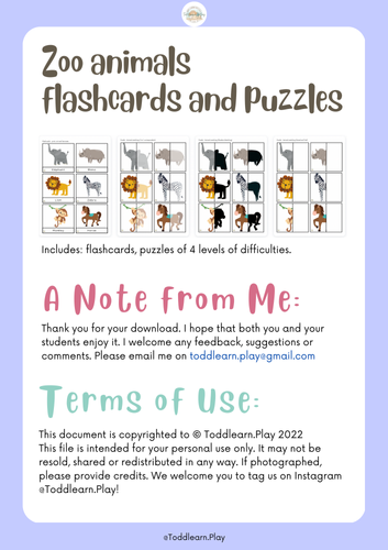 Zoo Animal Puzzle Printable | ToddLearnPlay