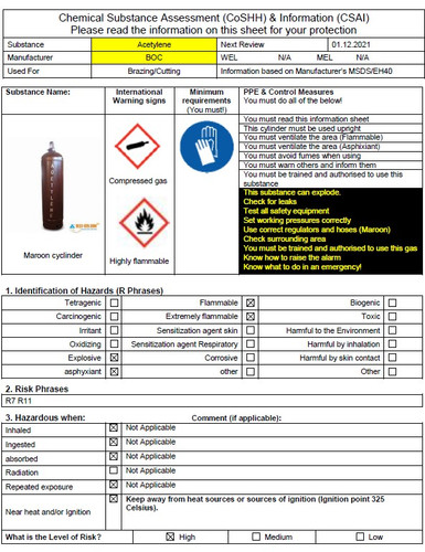 H&S Information Sheet- Acetylene- (CoSHH) & (CSAI) | jacstudio