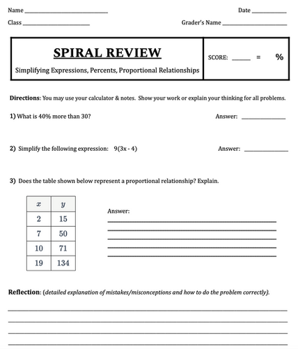 7th Grade Spiral Reviews (set of 50) | Math Flashcards