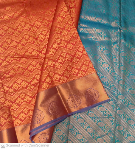Peacock colour with orange colour Kanchipuram pattu saree | Kanchipuram ...