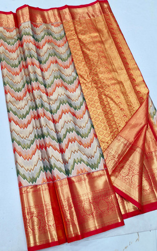 Red colour with multi colour rainbow design Kanchipuram pattu saree ...
