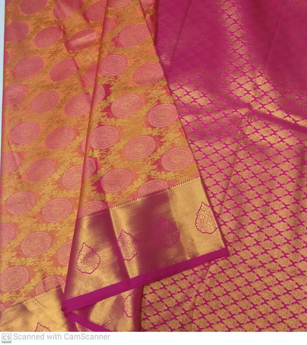 Pink colour with golden mustard colour kanchipuram pattu sarees ...