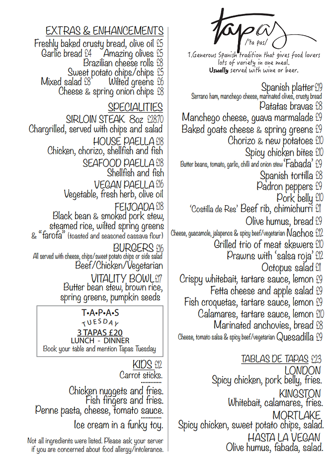 MENU | Tapas Bar Restaurant & Garden Pub in southwest London