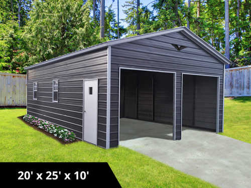 Double Metal Garage with a Quaker Gray Vertical Style Roof with White ...