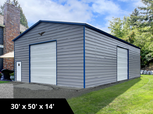 Pewter Gray Metal Storage Building With Blue Trim | Legacy Carports