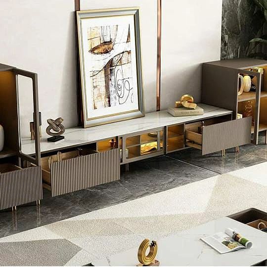 Modern Rectangular Stone Top TV Console with Storage Glass & Sliding ...