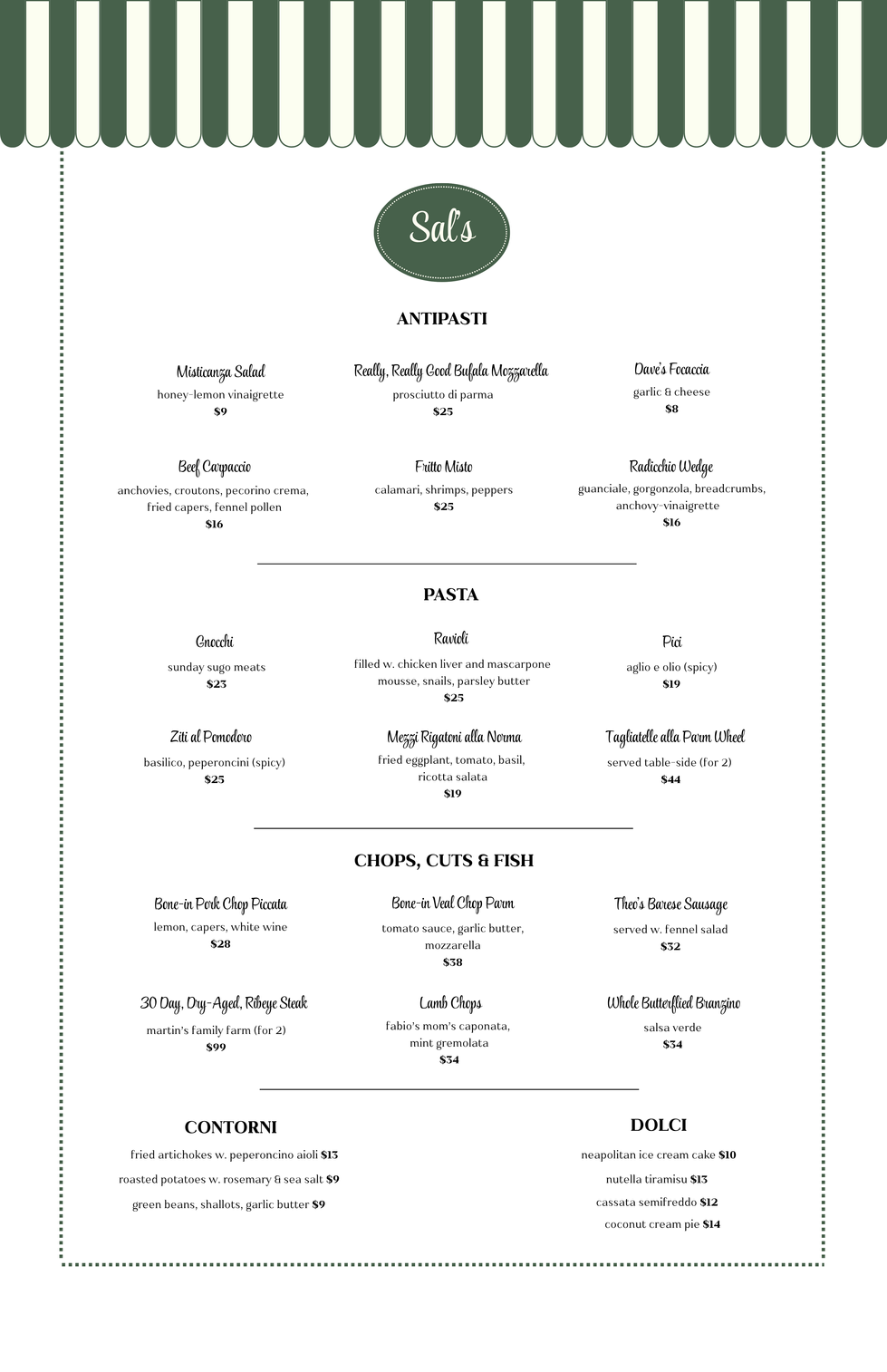 Menu | Sal's Pasta & Chops | Toronto