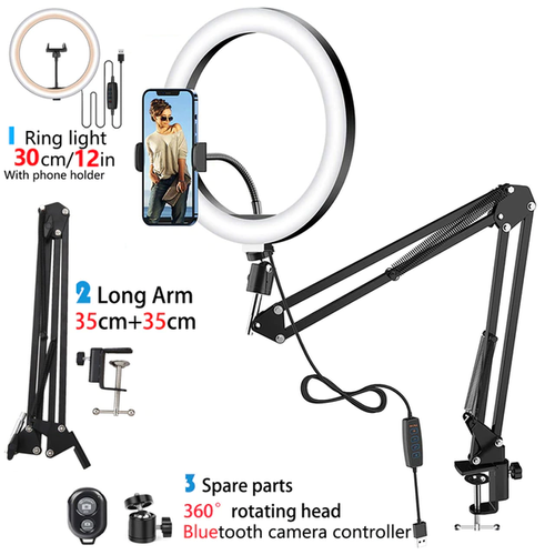 LED Selfie Ring Light Phone Stand with Folding Arm Circle Fill Light ...