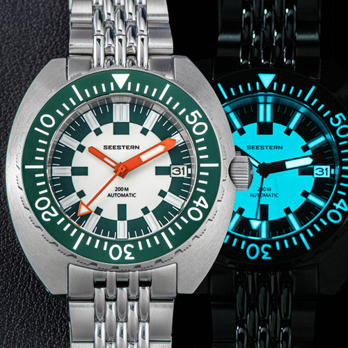 SEESTERN SUB300T, Full Lume Military, NH35, Sapphire, Green, 200m Diver ...