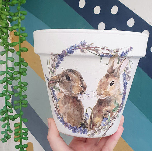 Bunny rabbit plant pot | Simply Vibrant Decoupaged bunny terracotta ...