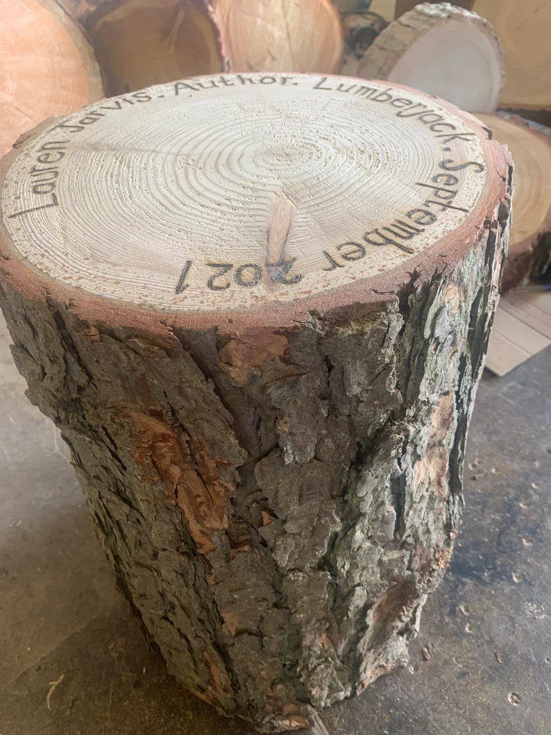 Personalised Rustic wooden log stool with bark, garden seating, fire ...