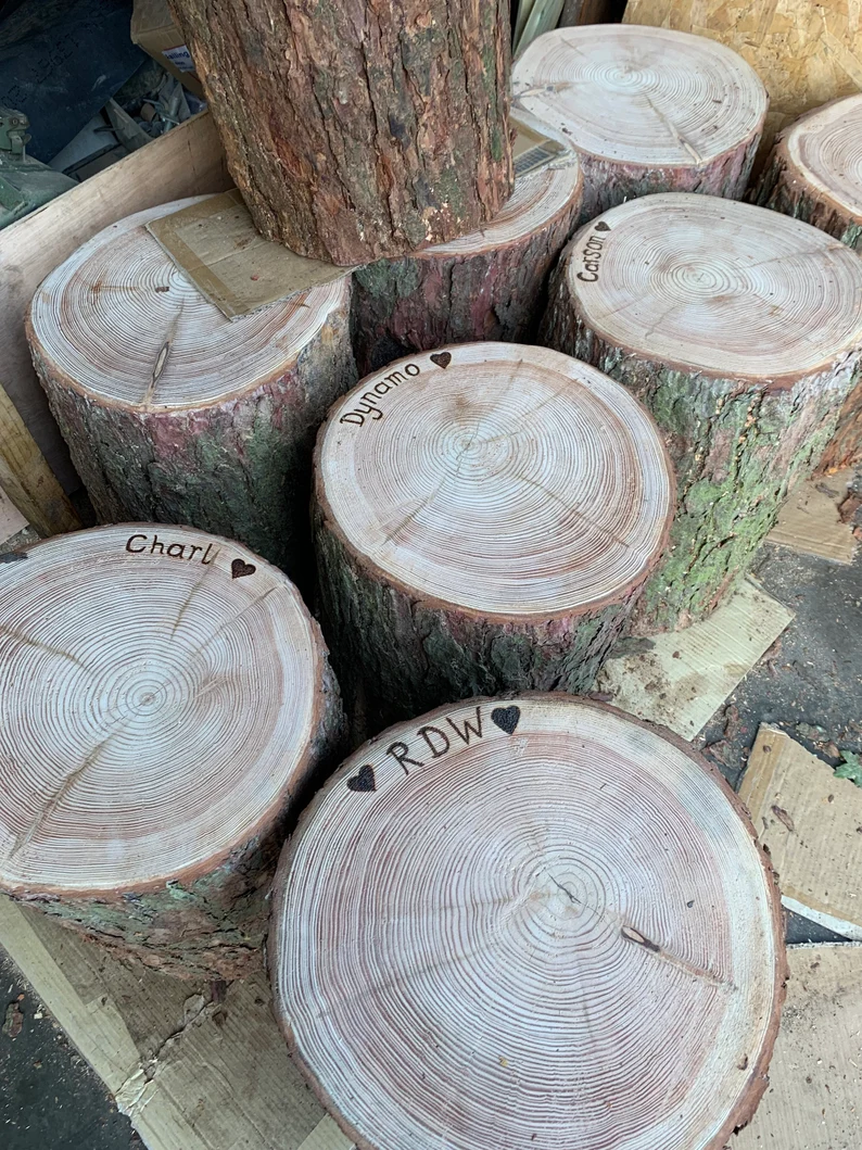 Personalised Rustic wooden log stool with bark, garden seating, fire ...