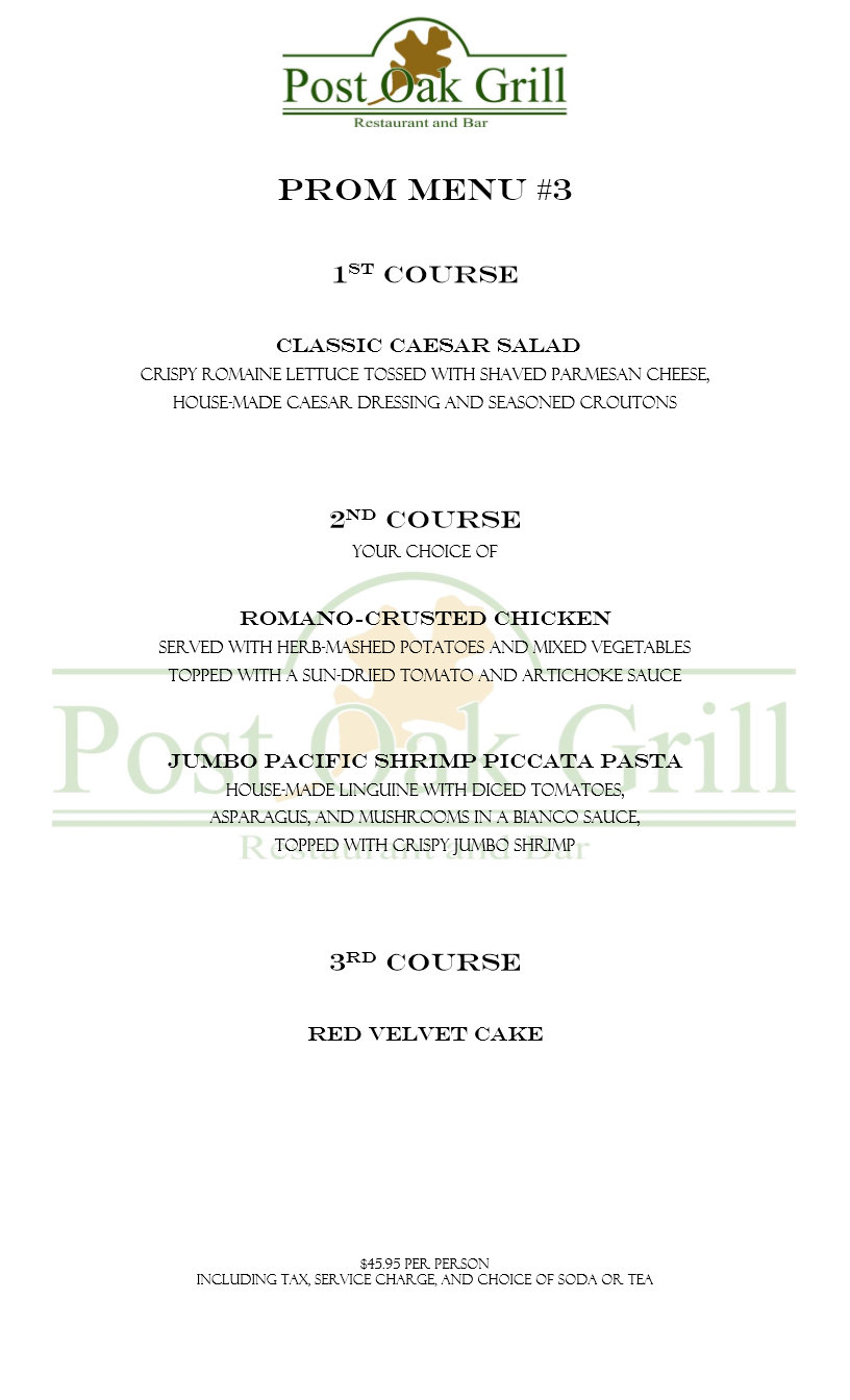 Prom Menu | Post Oak Grill | Houston, TX