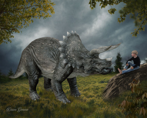 Two Juveniles Triceratops Dinosaur and Child Canvas Painting