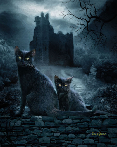 Black Cats and Medieval Castle Fantasy Painting on Canvas