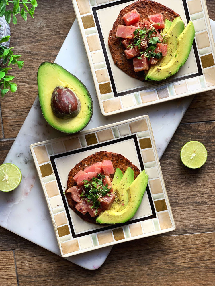 Ahi Tuna Keto Tostadas (Gluten Free, Using Cali'flour Flatbreads)