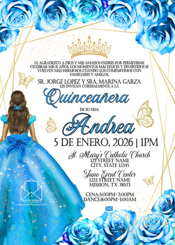 Aqua Blue and Gold XV Invitation | RGV Invitations