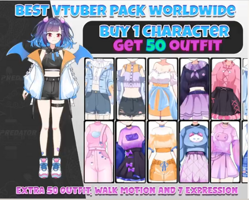 Customizable VTuber Live2D Pack with 50 Outfits V12 for Streamers ...