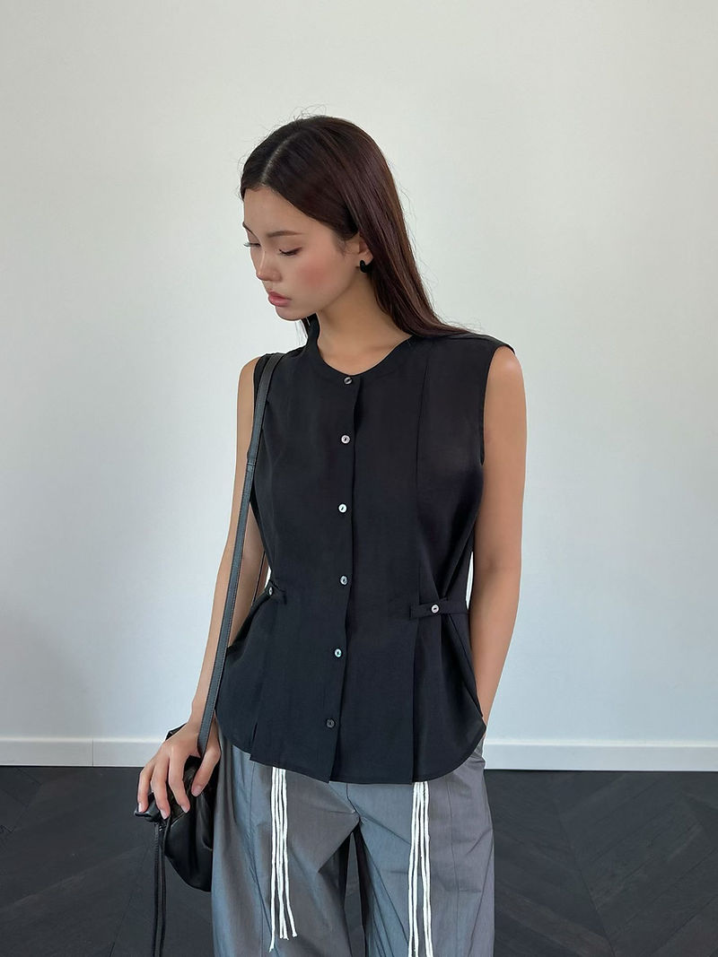 Summer wool poly lyocell sheet side buttoned slit belted detailed vest ...