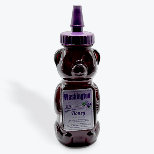 Wild Huckleberry Honey Syrup 12 oz Honey Bear | Avalon Apiaries