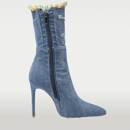 Extra Big Size Denim Jeans Booties - Pointed Toe Ankle Boots with Side ...