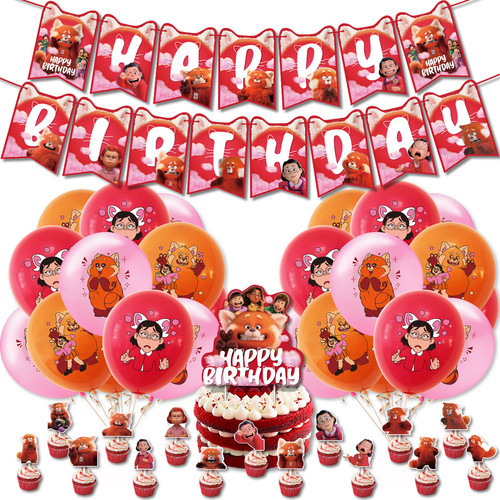 Turning Red happy birthday flag and balloon set | Nzgotoy