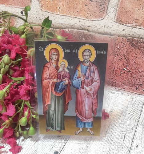 Laminated Icon of Sts. Joachim and Anna and Theotokos | OrthodoxGladness