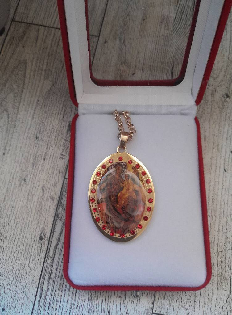 Necklace with Pendent of Theotokos Pantanassa Red Beads | OrthodoxGladness